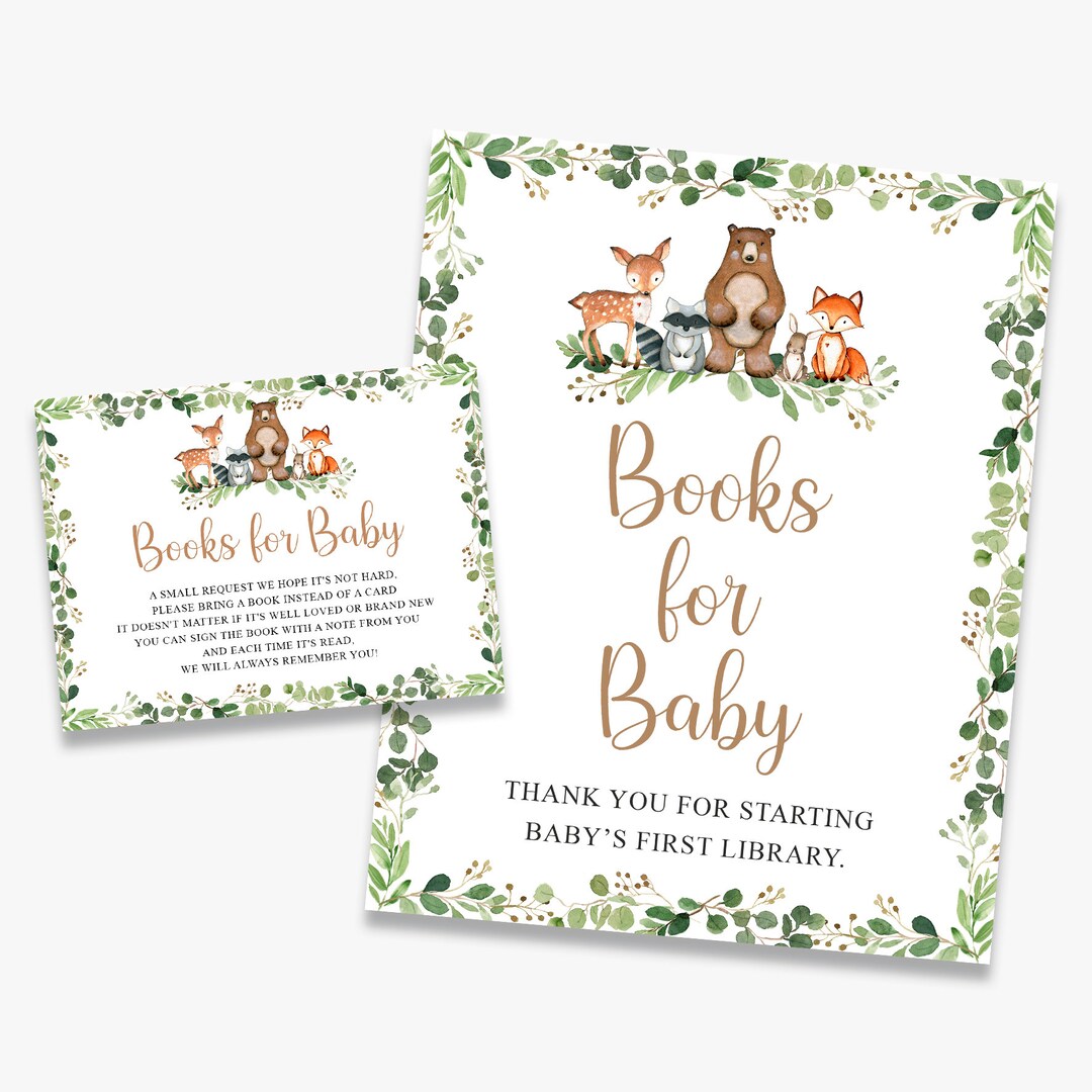 Books for Baby Sign + Cards, Woodland Baby Shower Sign, Printable ...