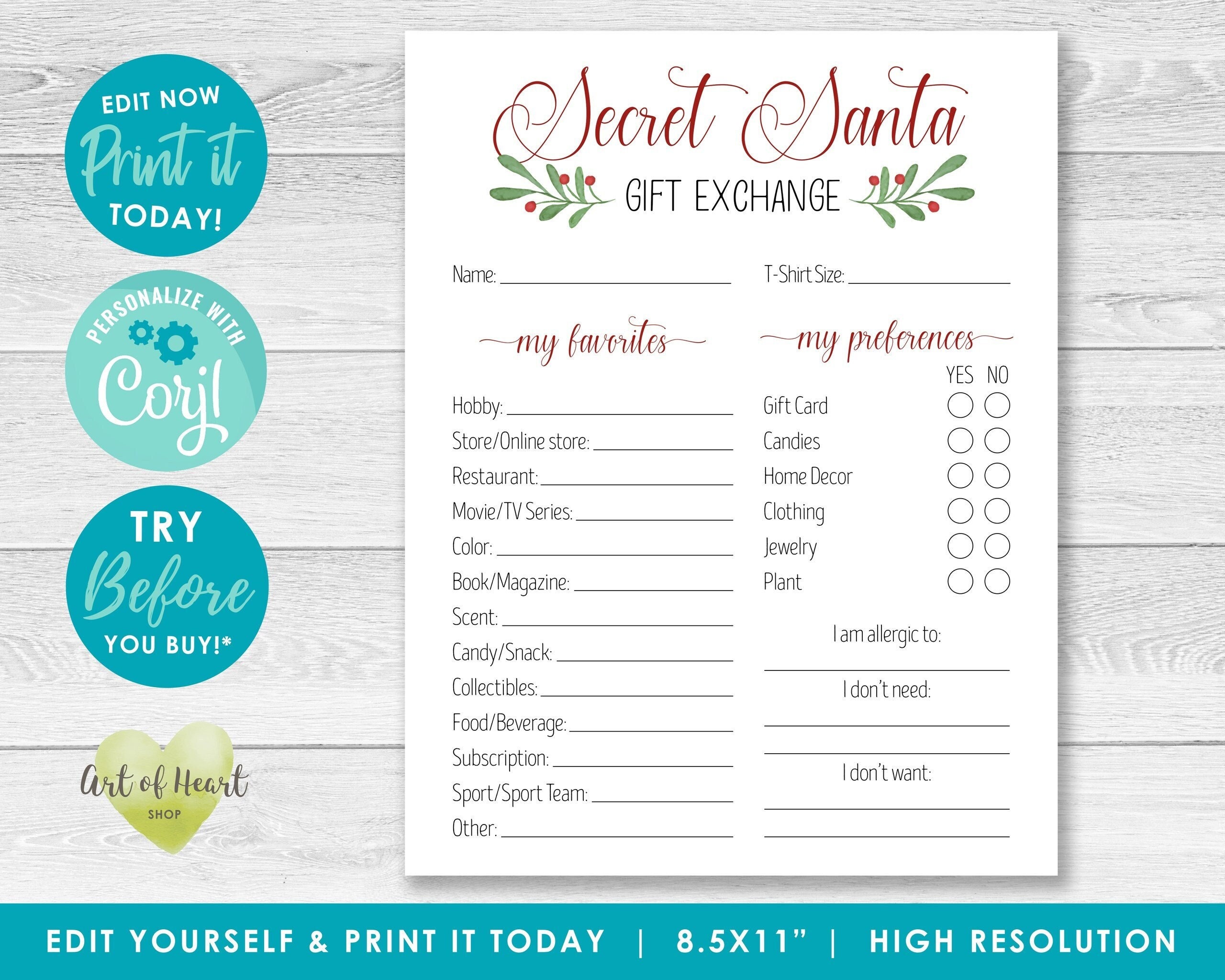 EDITABLE Secret Santa Gift Exchange Questionnaire - Etsy