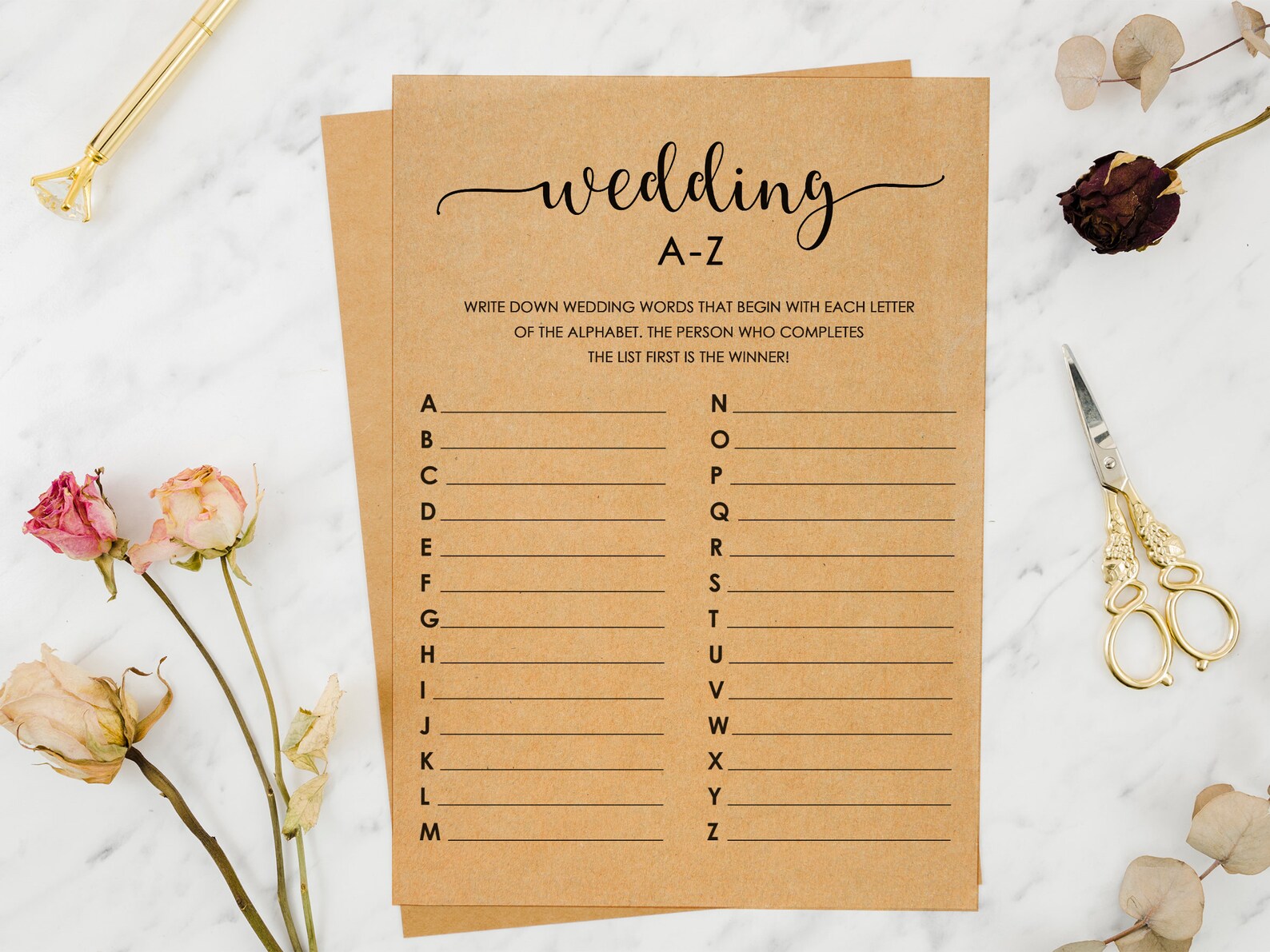 Wedding A-Z Game Rustic Bridal Shower Bridal Alphabet Game - Etsy