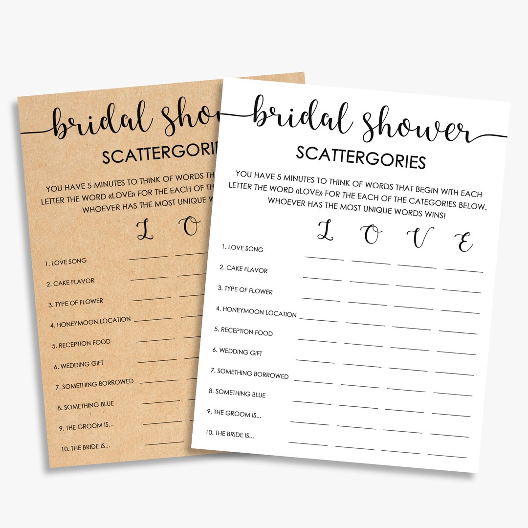 Bridal Shower Scattergories, Rustic Bridal Shower Game, Kraft + Black ...