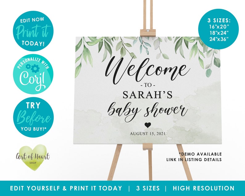 Greenery baby shower welcome sign template printable baby | Etsy