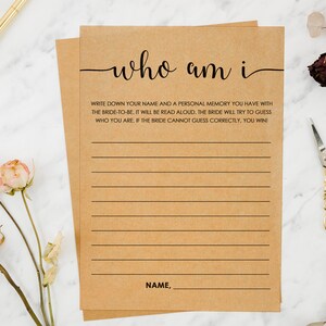 Who Am I, Rustic Bridal Shower Game, Kraft Black & White, Printable ...