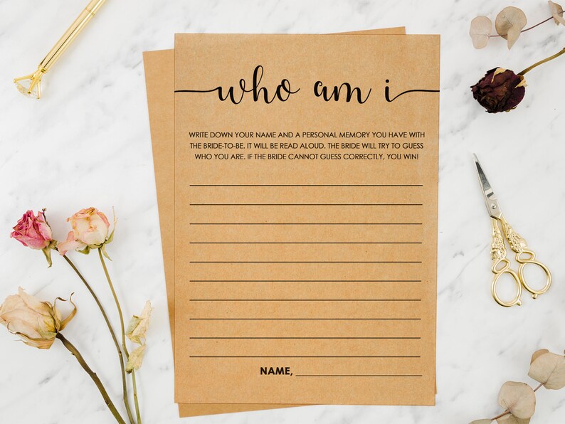 Who Am I Rustic Bridal Shower Game Kraft Black & White - Etsy