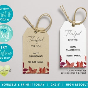 Thanksgiving Thank You Tags, With Fall Leaves, Thankful for You, Favor ...