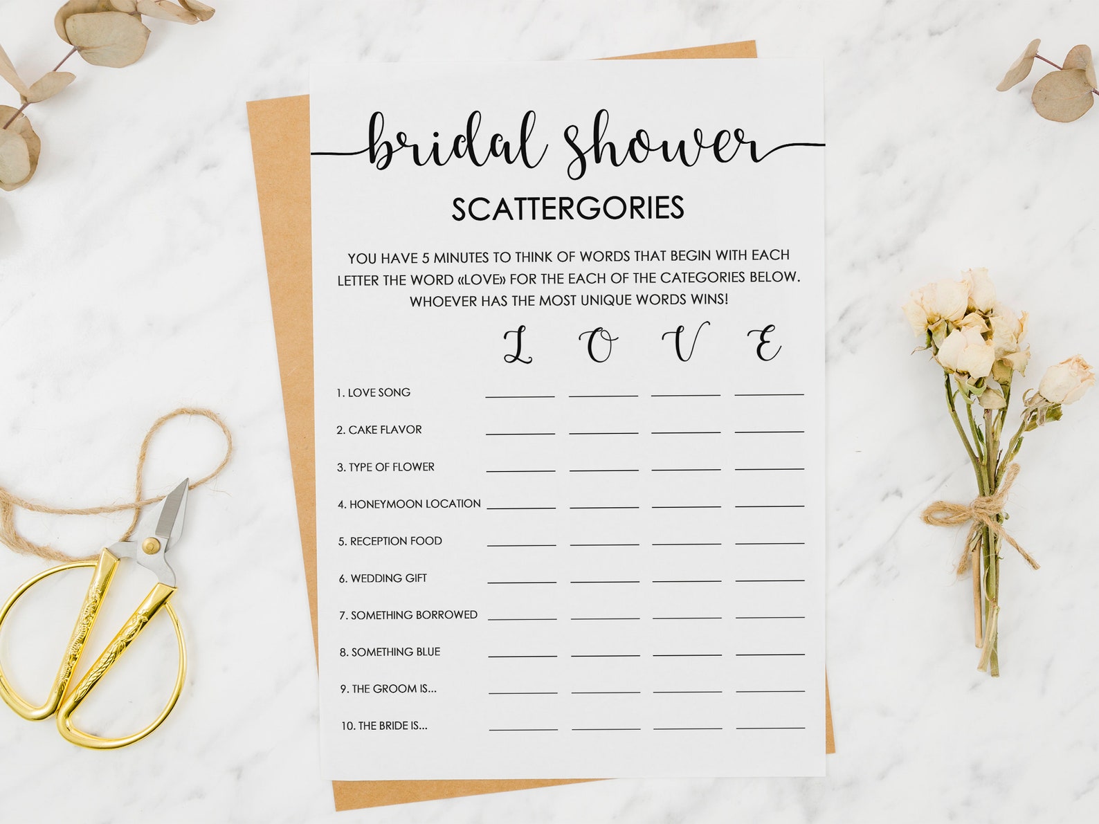 Bridal Shower Scattergories Rustic Bridal Shower Game Kraft | Etsy
