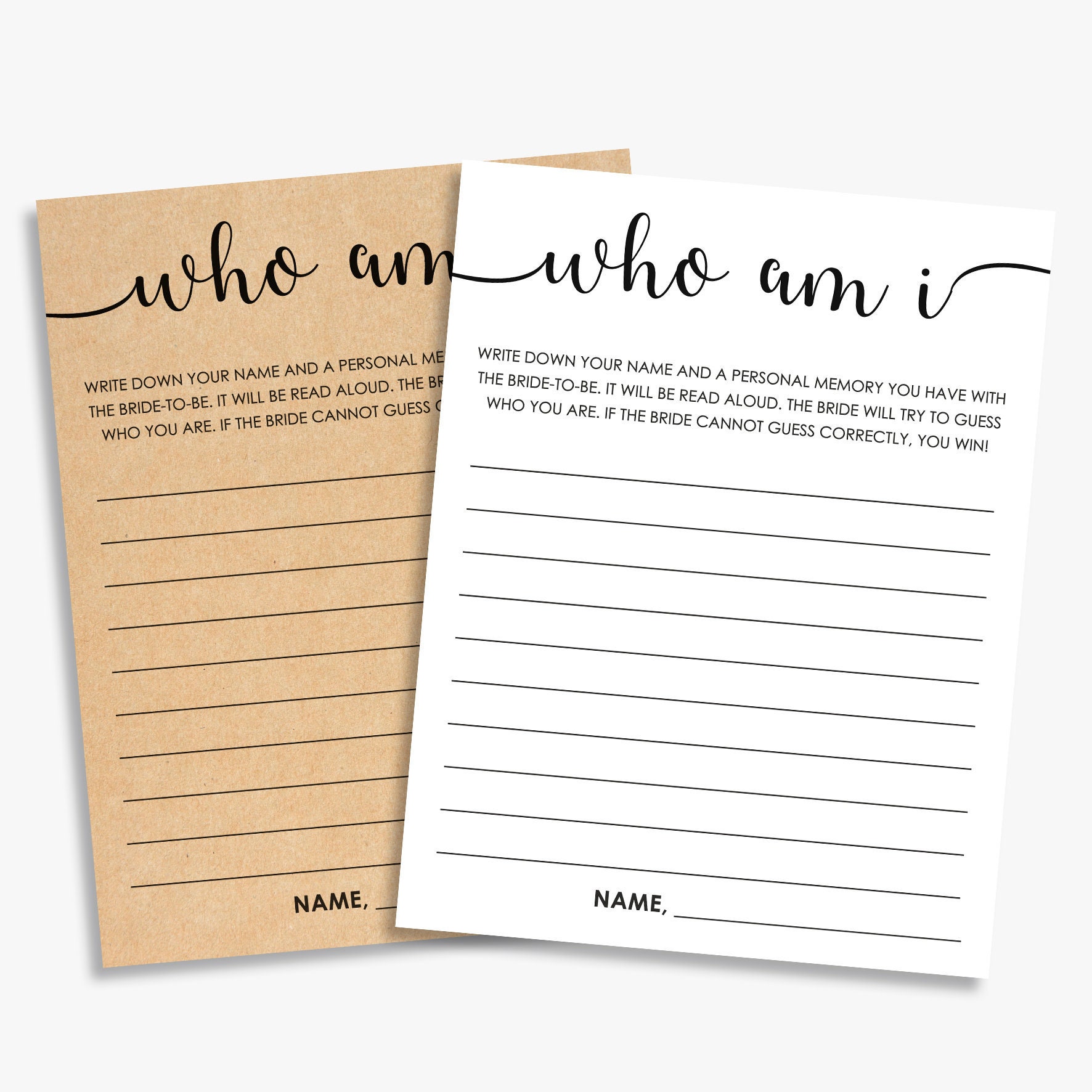 Who Am I Rustic Bridal Shower Game Kraft Black & White | Etsy