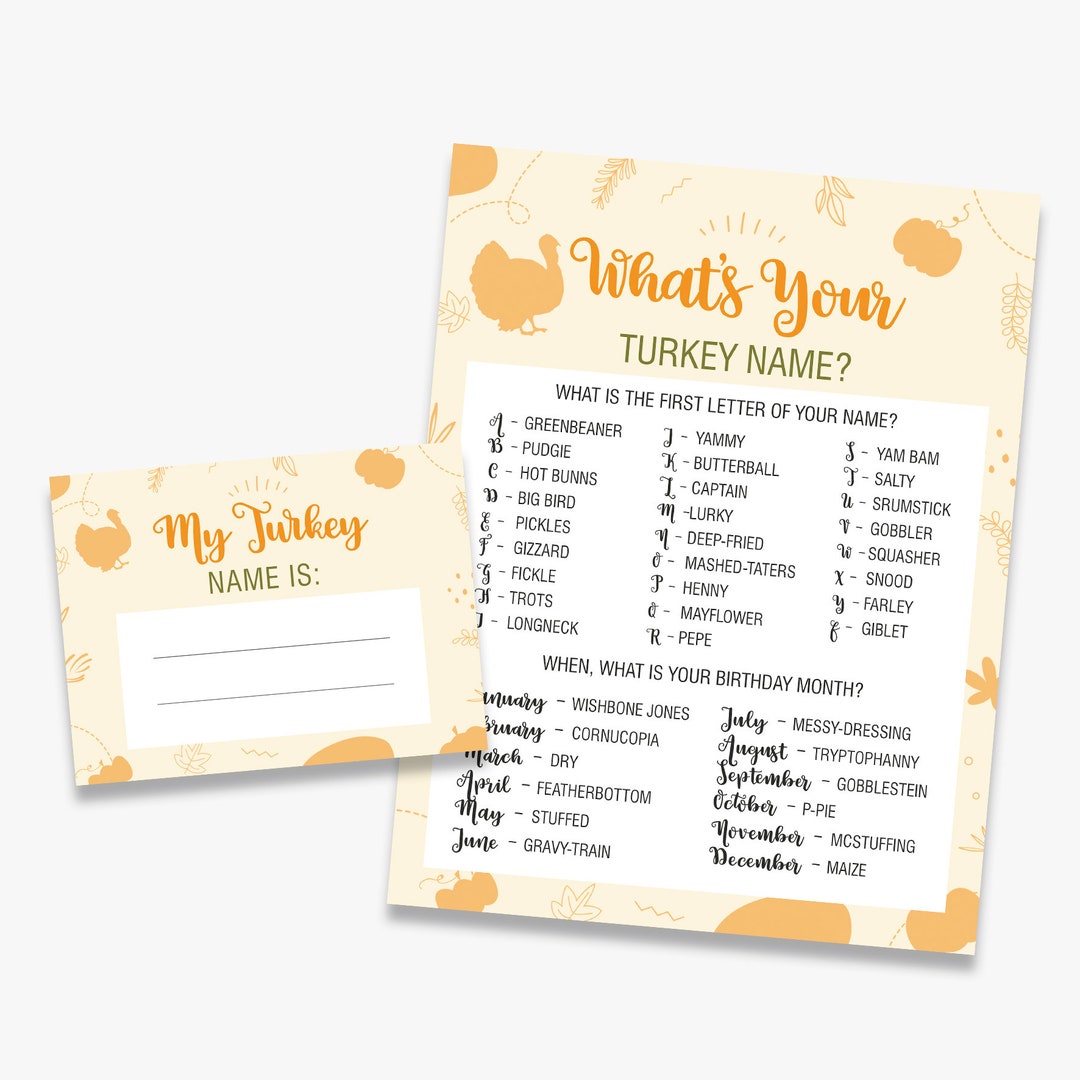 Whats Your Turkey Name, Thanksgiving Party Game, for Kids, for Family ...