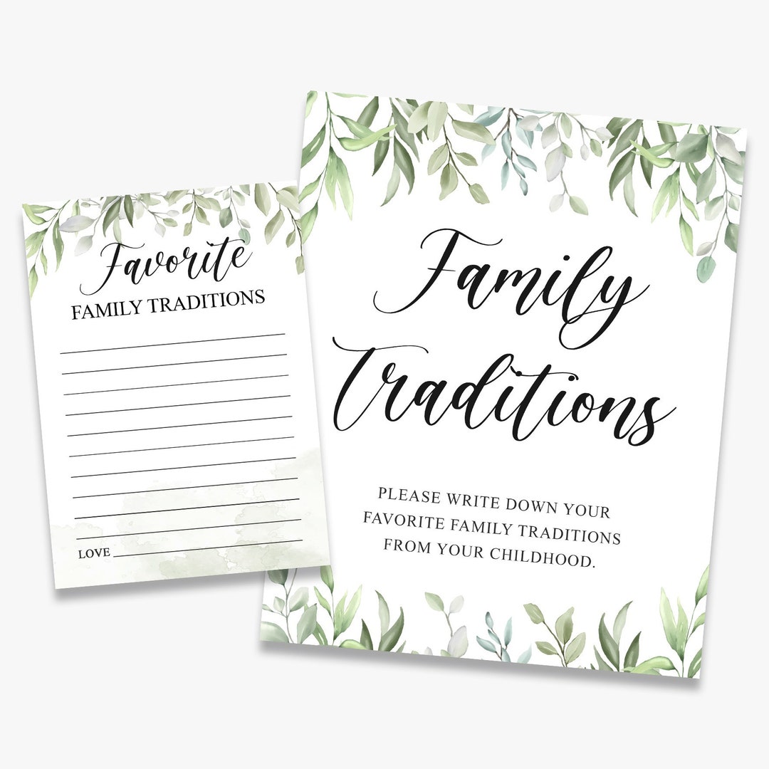 Family Traditions Cards and Sign, Greenery Baby Shower, Favorite Family ...
