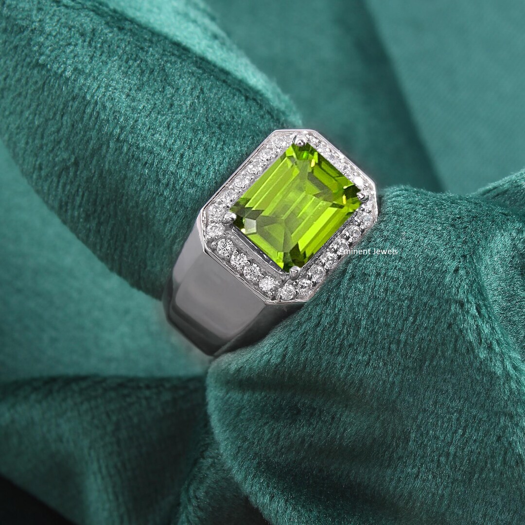 Peridot Engagement Ring Emerald Cut Peridot Ring 14k White Gold Ring ...