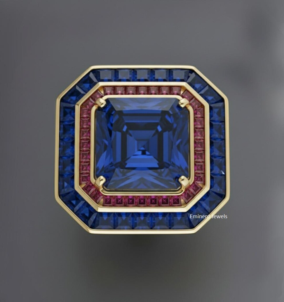 Asscher Cut Blue Sapphire & Ruby Double Halo in 14k Yellow Gold Ring ...