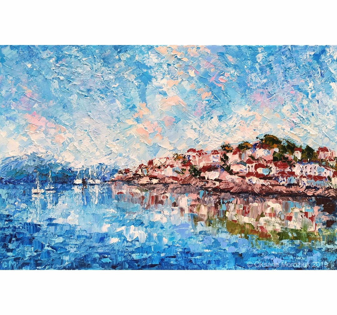 Italy Coast Impasto Oil Painting Mediterranean Coastal Artwork Abstract ...
