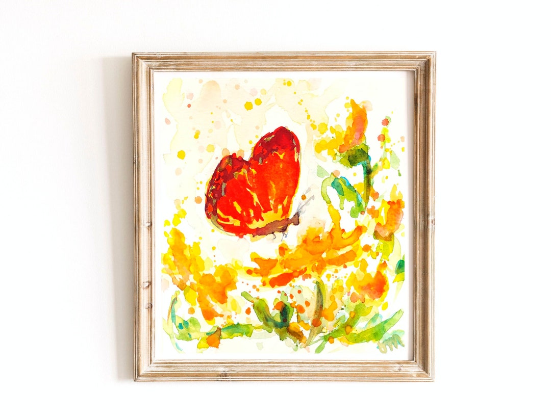Colorful Red Butterfly Watercolor Original Small Painting Summer Wall ...