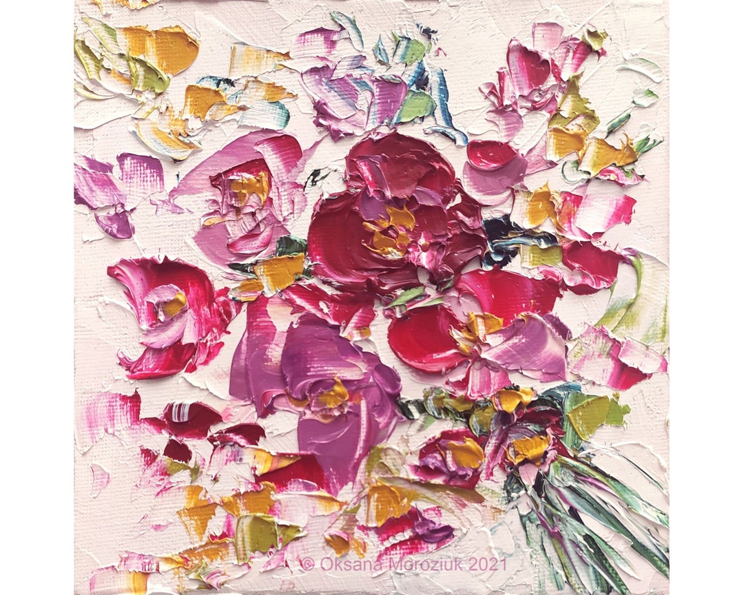 Abstract Palette Knife Purple Pink Peony Original Oil Painting Impasto ...