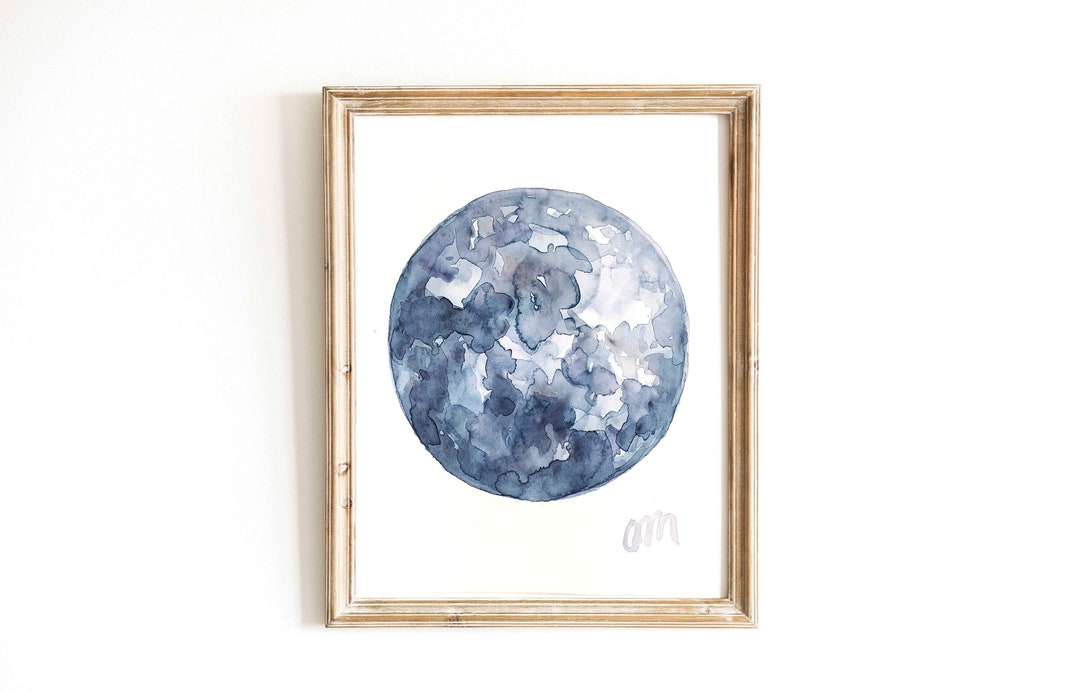 Abstract Indigo Moon Watercolor Original Painting Navy Blue Celestial ...