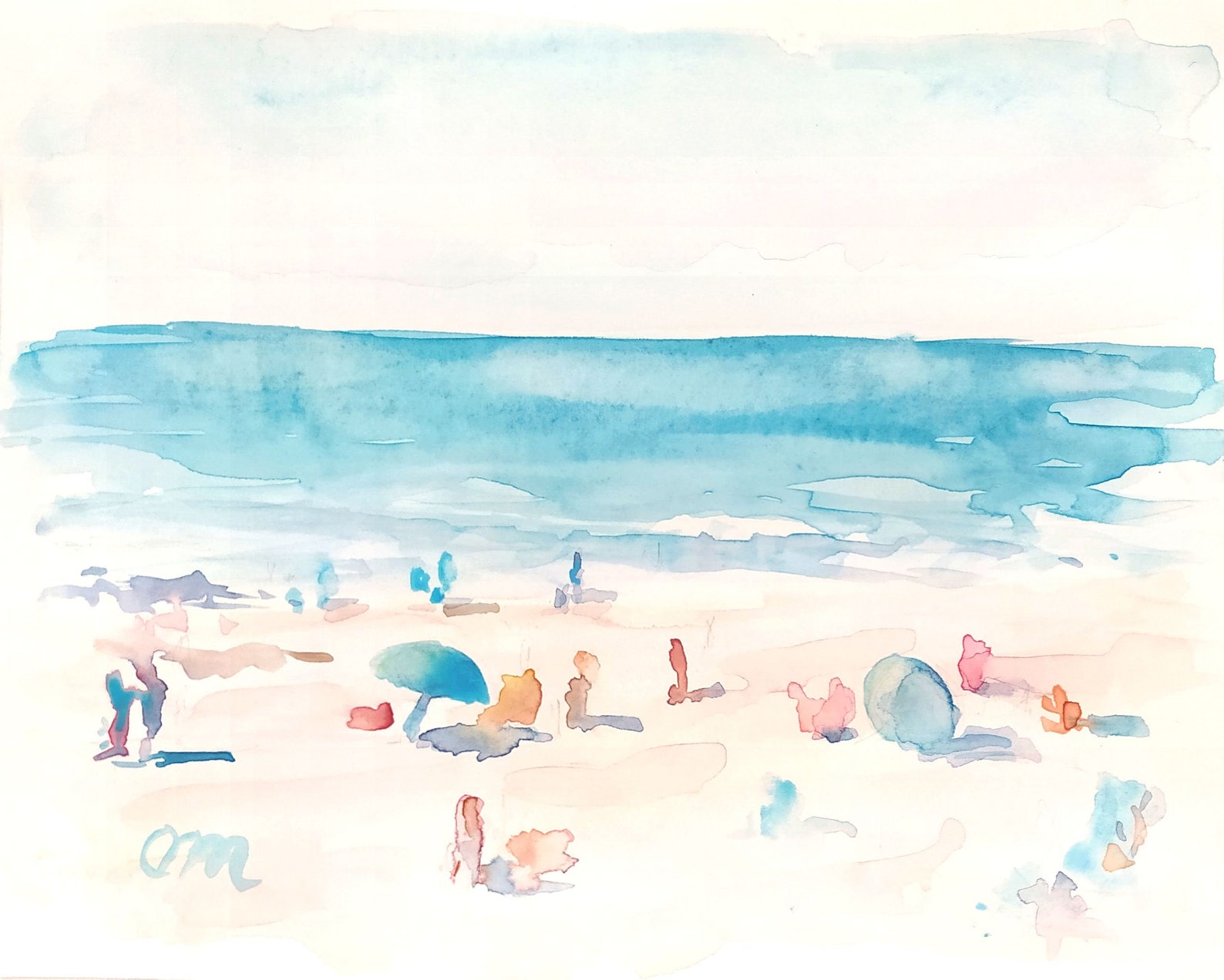 Pastel Beach Scene Watercolor Original Painting People on the Beach ...