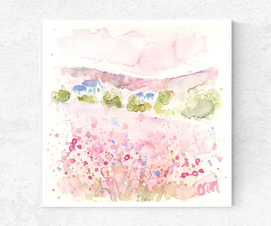 Pastel Pink Tuscany Country Landscape Watercolor Original Painting Pink ...