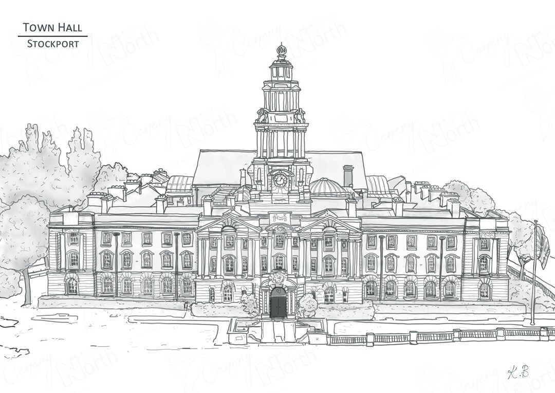 Stockport Town Hall Greater Manchester Hand Drawn Digital Illustration ...