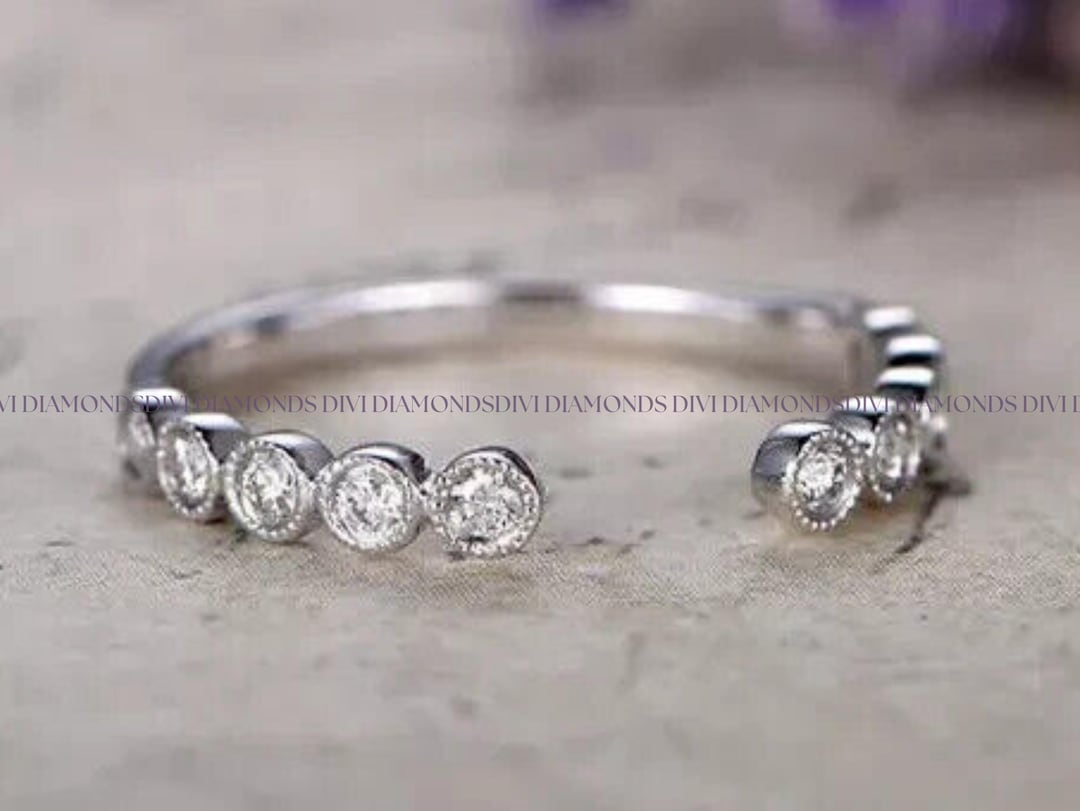 Round Cut Moissanite Half Eternity Women's Open Cuff Band, Bezel Set ...