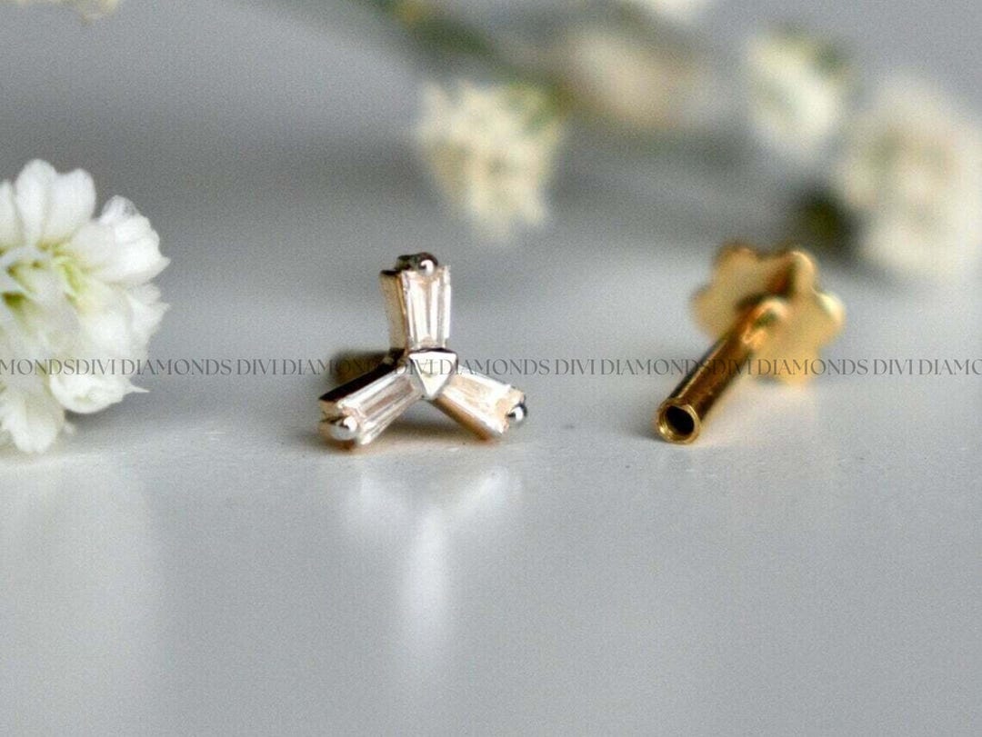 14K Gold Baguette Moissanite Nose Pin, Triangle Shape Nose Stud ...