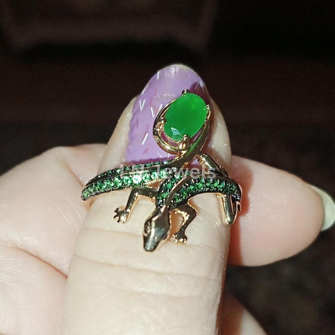 Oval Green Emerald Lizard Ring for Women, 925 Sterling Silver Gecko ...