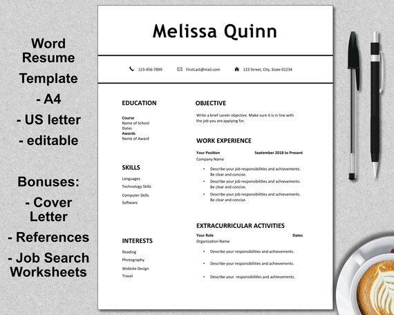 Student Resume Template Word Simple Modern Clean Easy One - Etsy