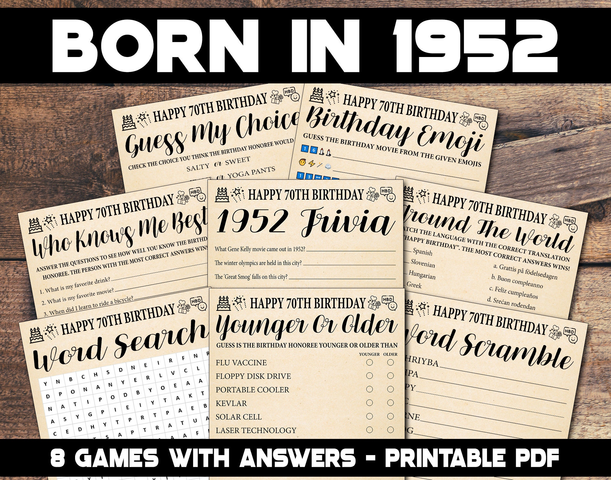 Born In 1952 70th Party Game 70th Birthday Games Printable Etsy
