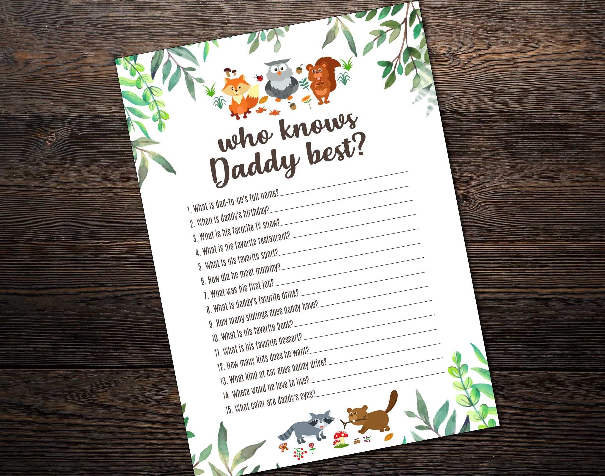Who Knows Daddy Best Baby Shower Game Woodland Baby Shower - Etsy