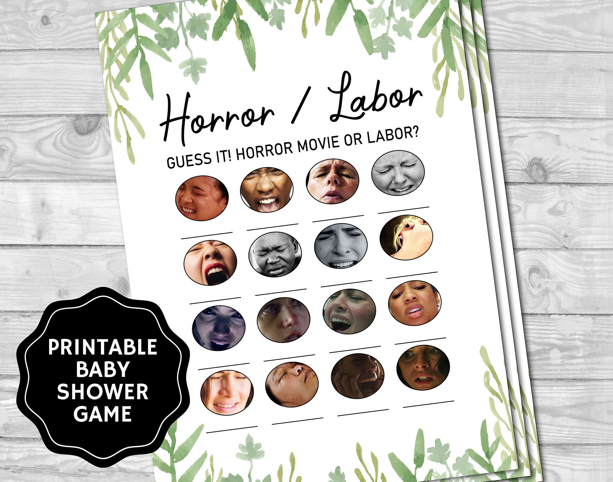 Horror or Labor, Greenery Baby Shower Games, Baby Shower Games ...