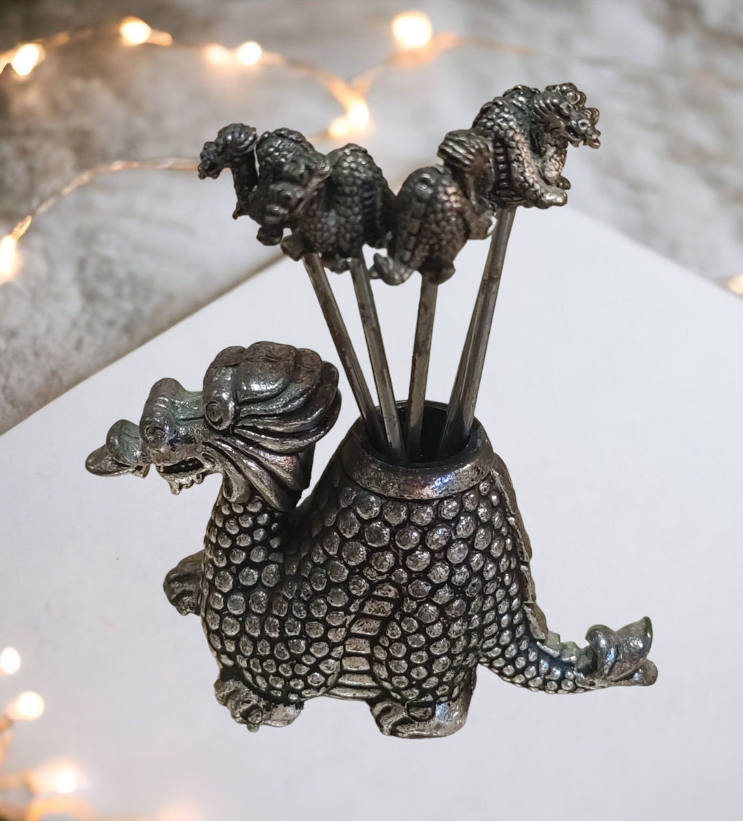 Vintage Pewter Chinese Dragon Cocktail Forks Dragon Swizzle Stick Set ...