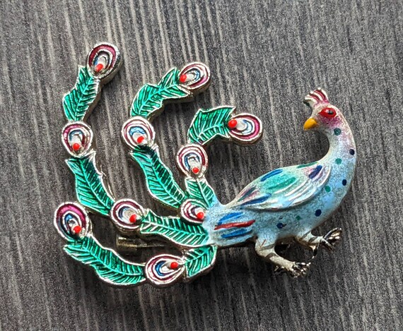 Vintage Peacock Brooch, 1960's Signed Korea Broach, G… - Gem