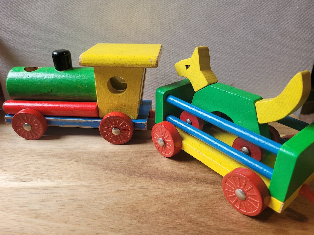 Vintage Wooden Train Set Magnetic Train, Flat & Dog, Retro Nursery ...
