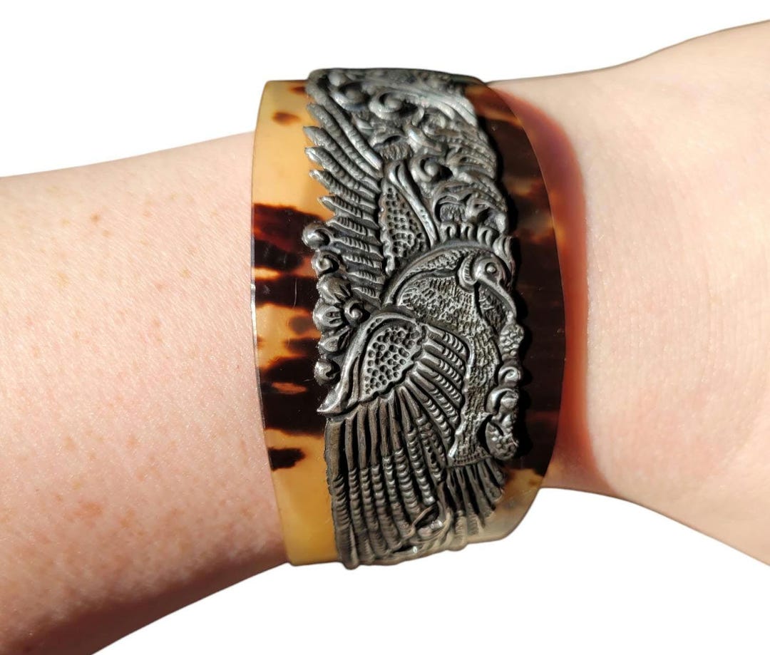 Antique Vintage Tortoiseshell Sterling Silver Bangle Oriental Crane ...
