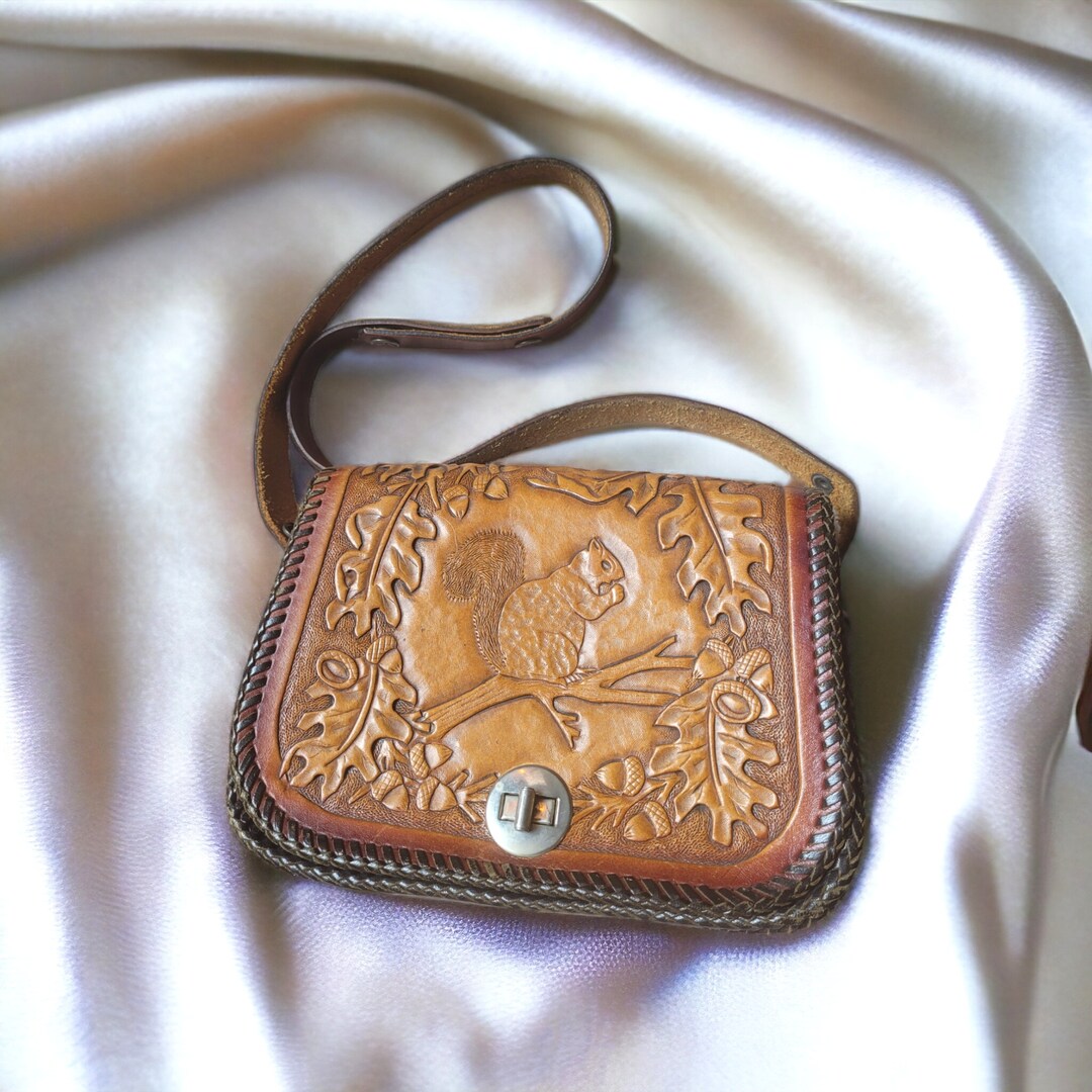 Vintage Handmade Tan Leather Bag, Hand Crafted Tooled Leather Squirrel ...