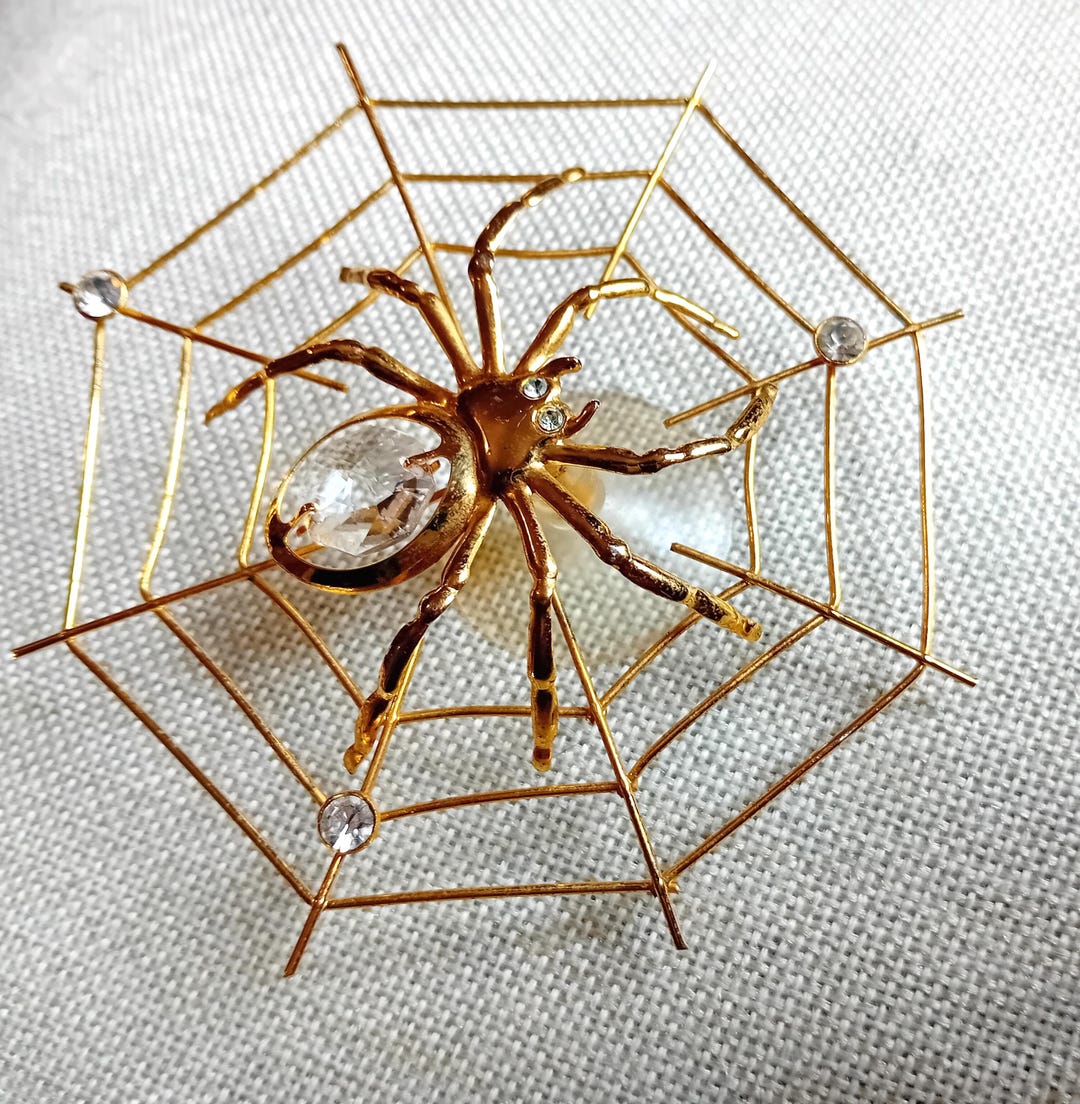 Vintage 24k Gold Plated Crystal Spider Web Ornament Swarovski Elements ...