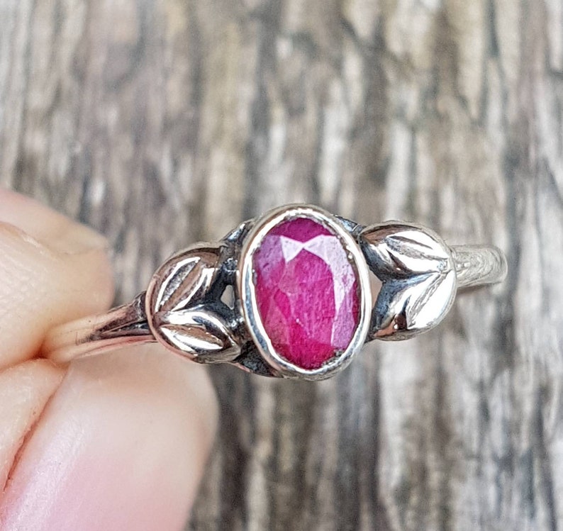 Silver Ruby Ring Mined Oval Cut Ruby 925 silver. Two leaf | Etsy