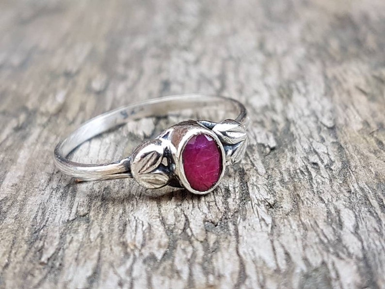 Silver Ruby Ring Mined Oval Cut Ruby 925 silver. Two leaf | Etsy