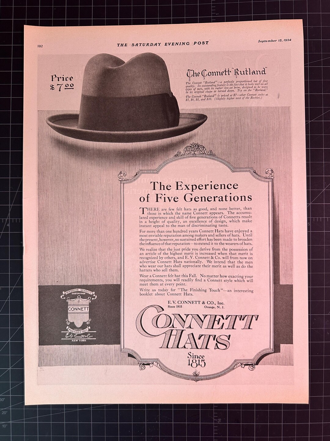Rare Vintage 1924 Connett Hats Print Ad - Etsy
