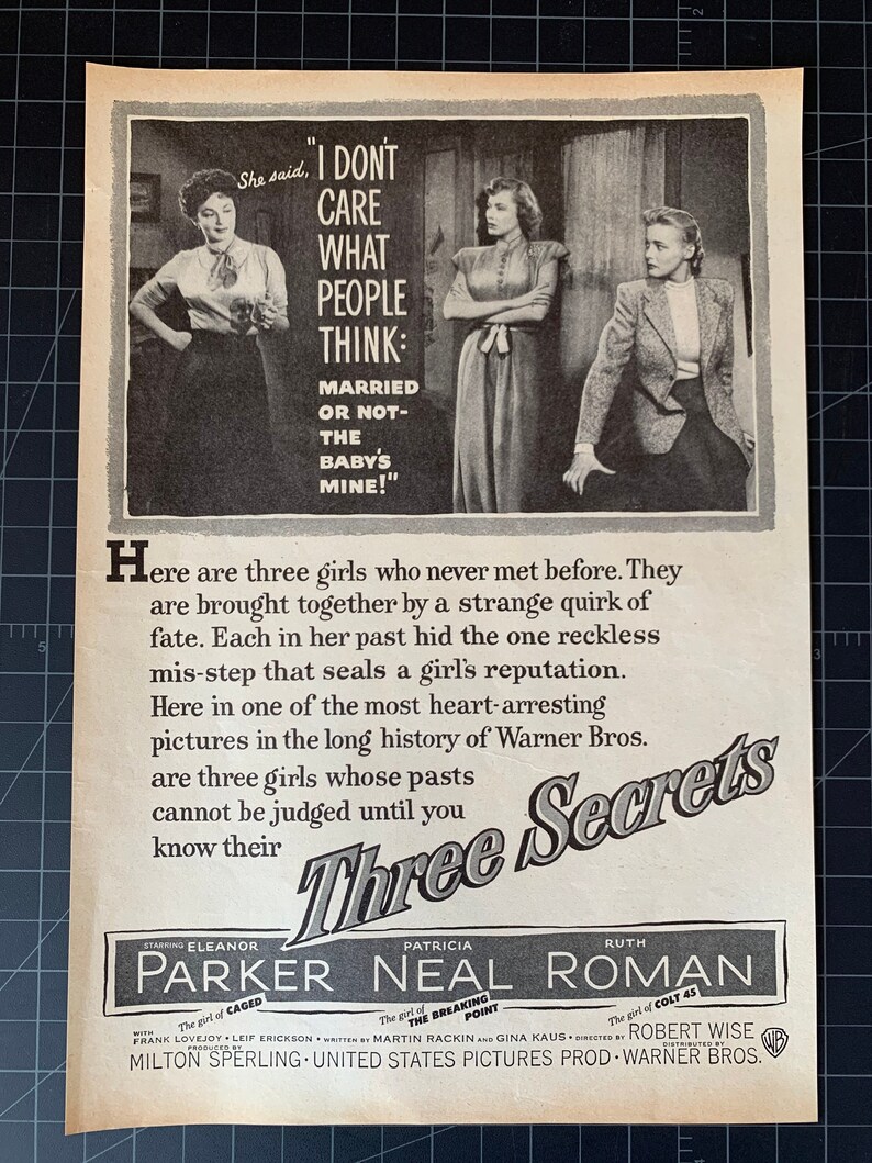 Vintage 1950s three Secrets Film Print Ad Eleanor Parker Ruth Roman - Etsy