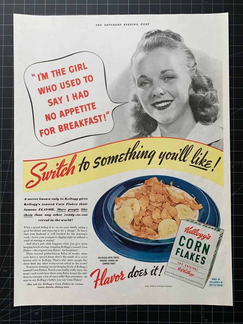 Vintage 1940 Kelloggs Corn Flakes Print Ad - Etsy