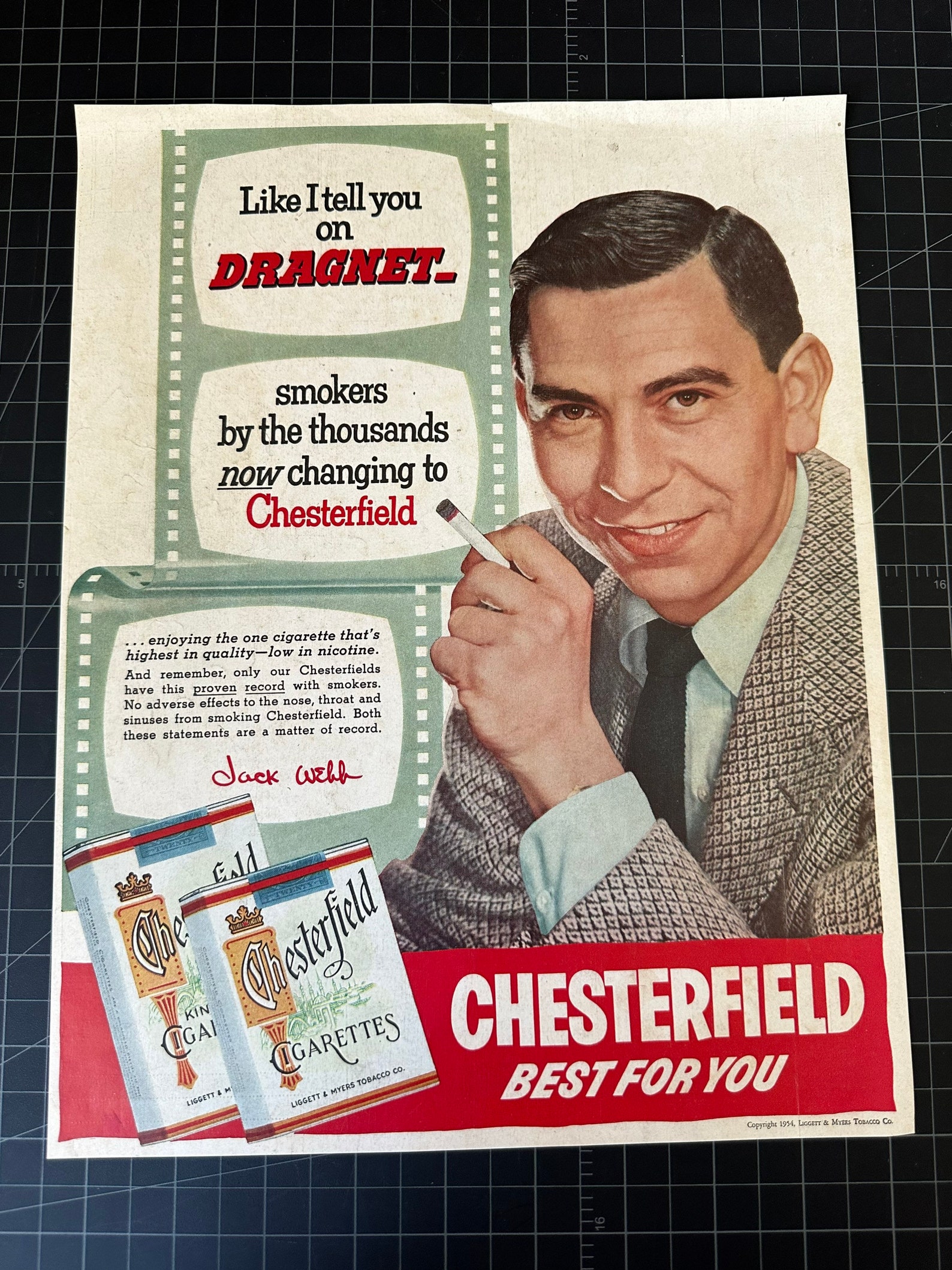 Vintage 1954 Chesterfield Cigarettes Print Ad Jack Webb - Etsy