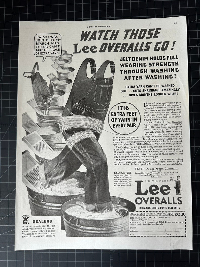 Vintage 1934 Lee Overalls Print Advertisement - Etsy