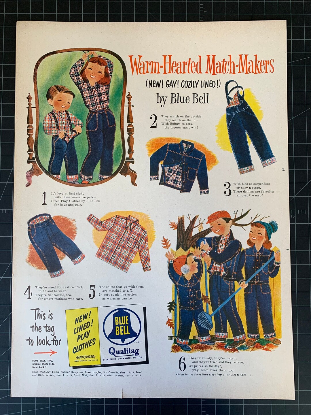 Vintage 1952 Blue Bell Clothing Original Print Ad - Etsy