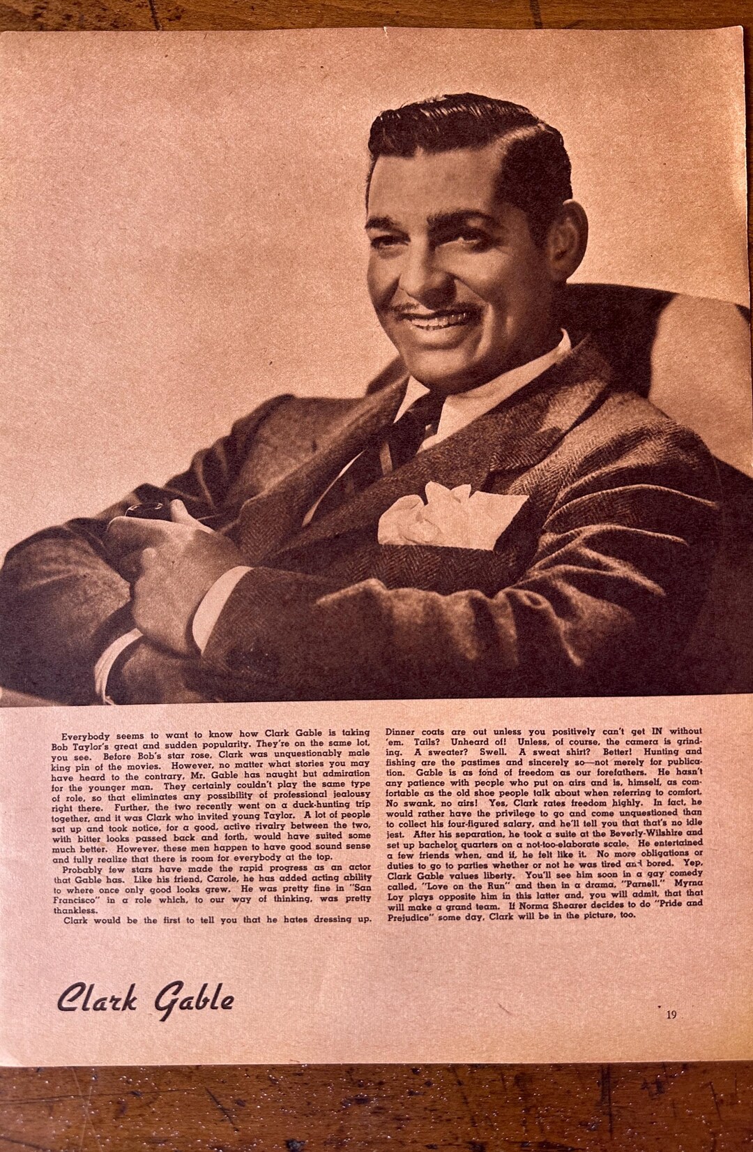 Vintage 1937 Clark Gable Magazine Portrait - Etsy