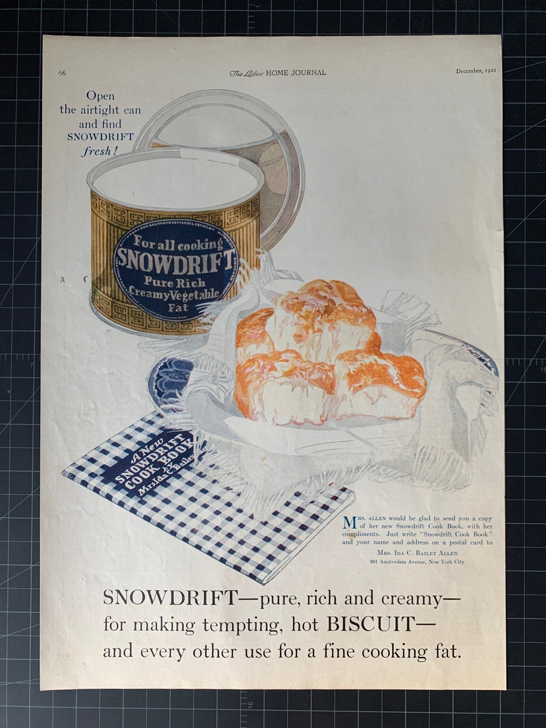 Vintage 1921 Snowdrift Vegetable Fat Print Advertisement Retro Gift ...