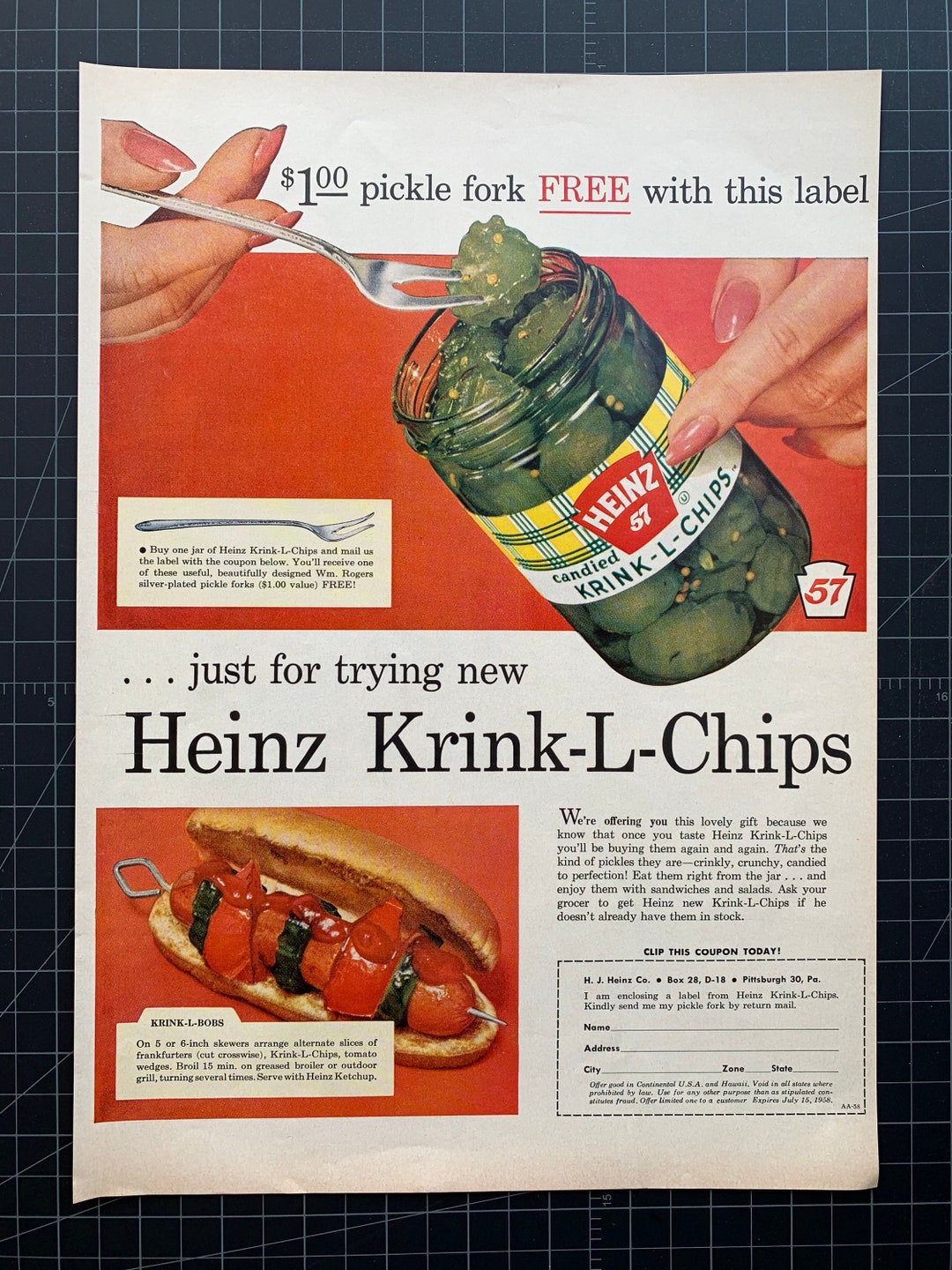 Vintage 1958 Heinz Pickles Print Advertisement - Etsy