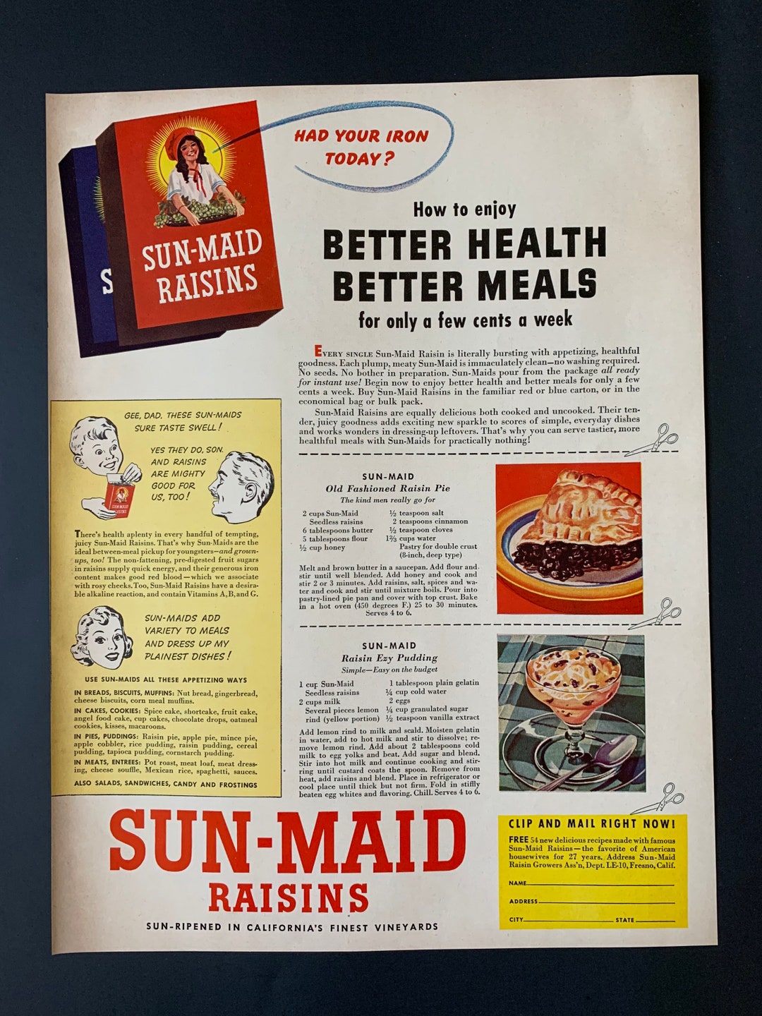 Vintage 1940s Sun-maid Raisins Baking Original Advertisement - Etsy
