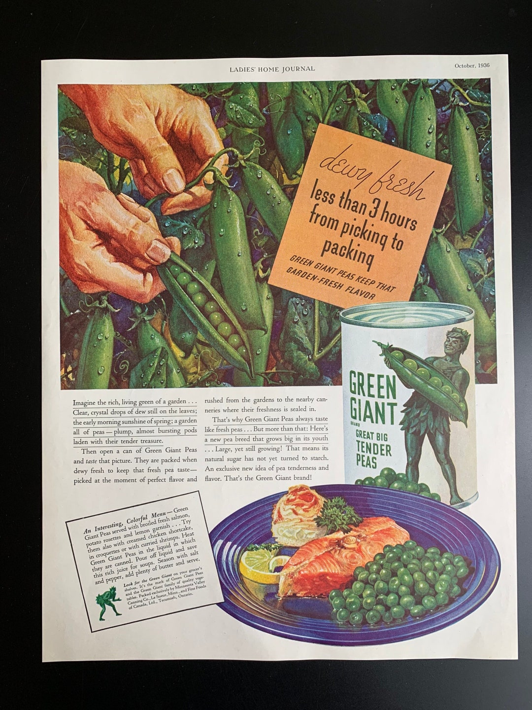 Vintage 1936 Green Giant Peas Original Print Ad - Etsy