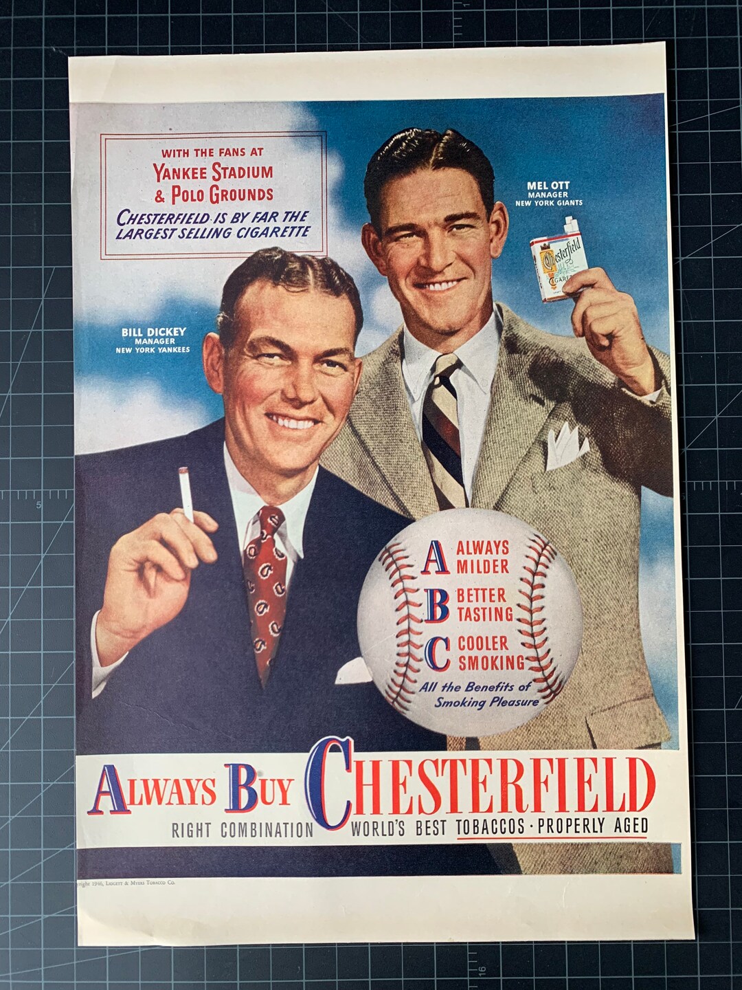 Vintage 1946 Chesterfield Cigarettes Baseball Print Ad - New York ...
