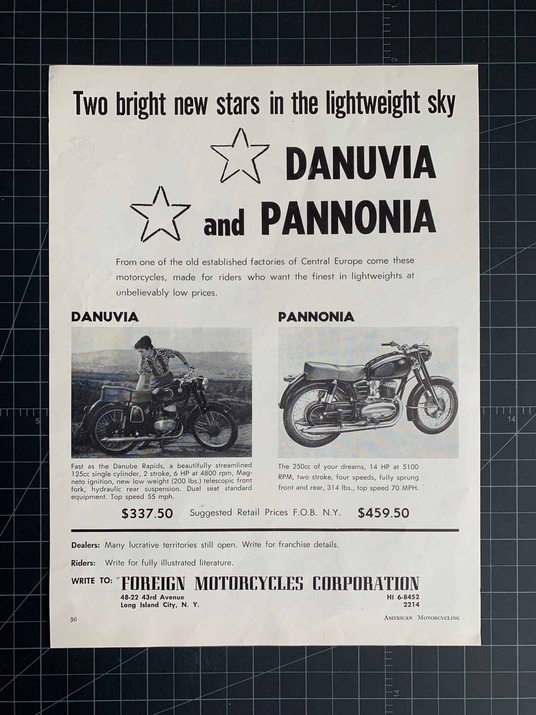 Vintage 1960 Dunavia and Pannonia Foreign Motorcycle Print ...
