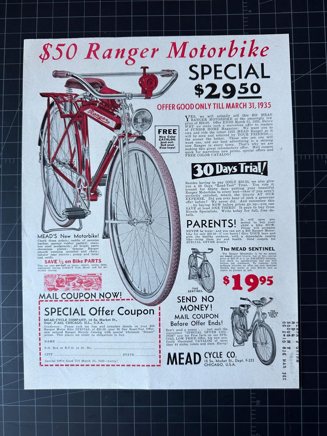 Vintage 1935 Ranger Motorbike Print Ad - Etsy